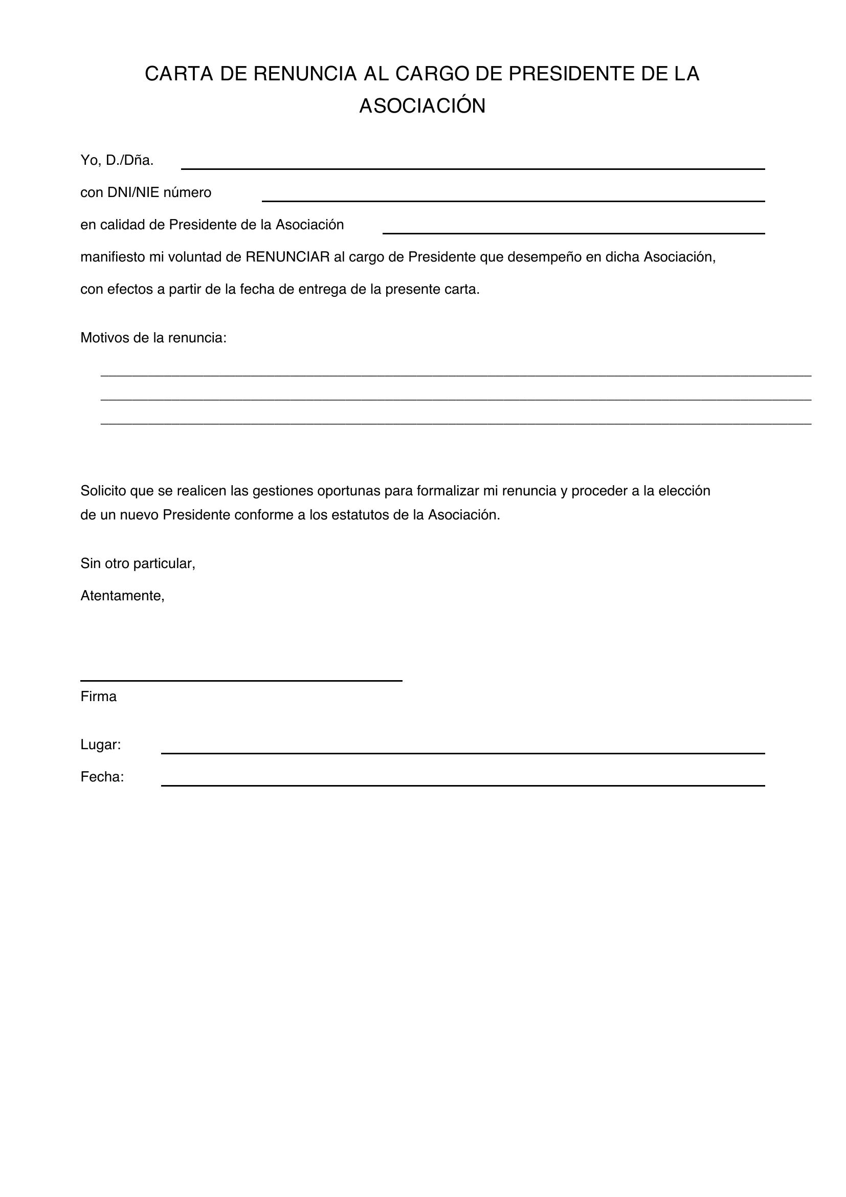 Modelo De Carta De Renuncia Al Cargo De Presidente De Una Asociación