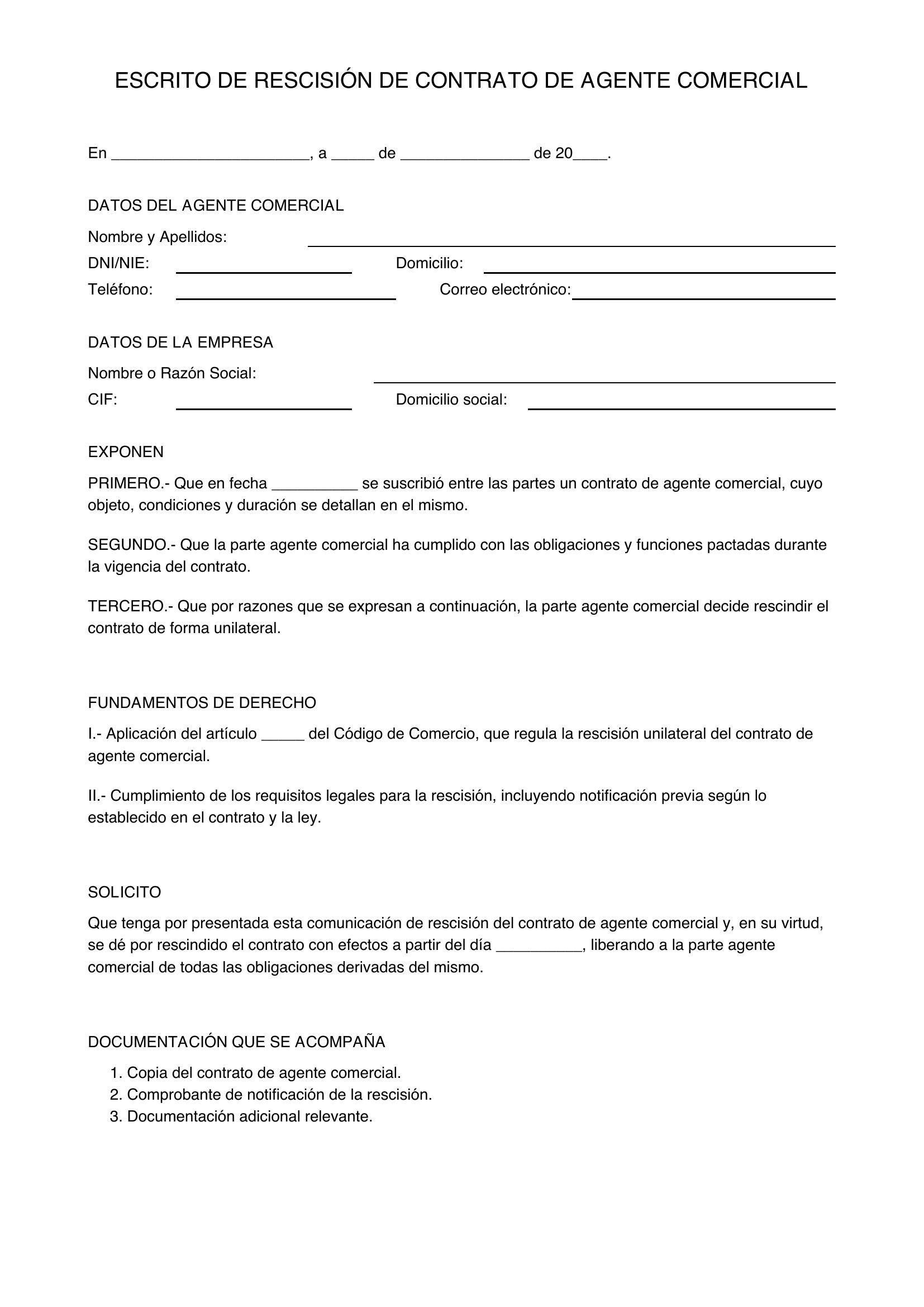 Modelo Rescisión Contrato Agente Comercial